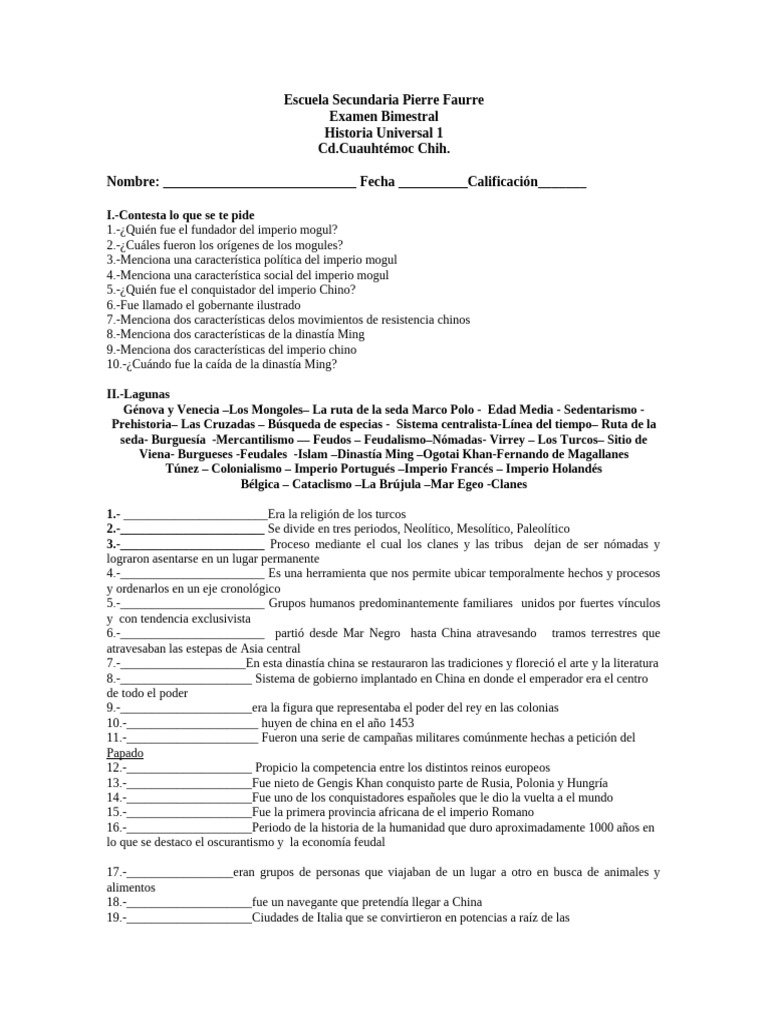 Examen HU2 Bimestraloctubre 2010 | PDF | Feudalismo | imperio Otomano