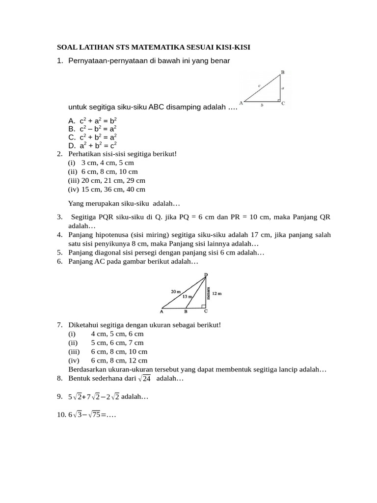 Latihan soal STS Math kelas VIII Genap sesuai kisi-kisi | PDF