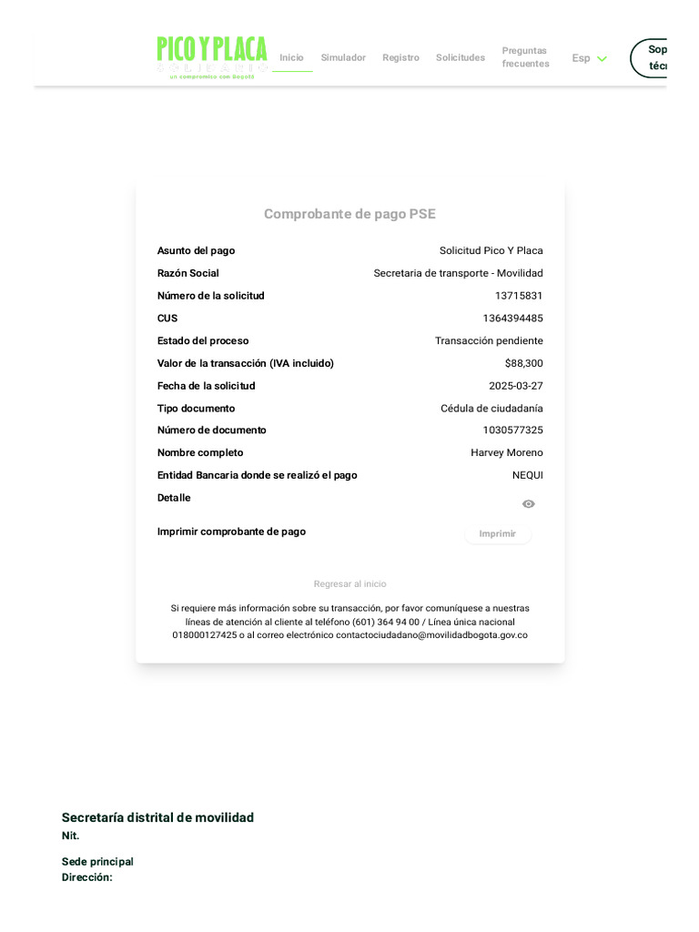 Comprobante de Pago PSE: Secretaría Distrital de Movilidad | PDF