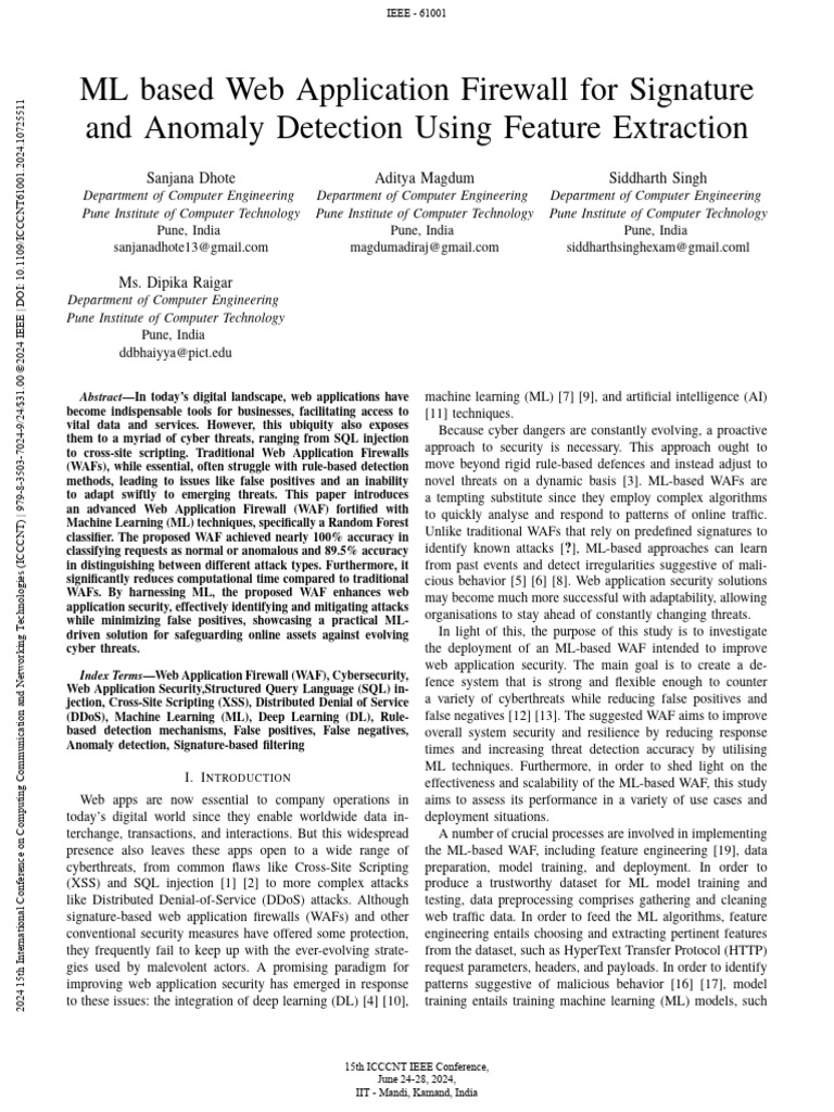 ML Based Web Application Firewall For Signature and Anomaly Detection Using Feature Extraction ...