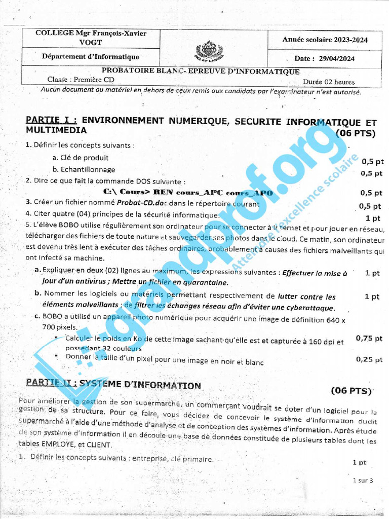 Informatique 1ereCD Probatoire Blanc College Vogt Avril 2024 | PDF