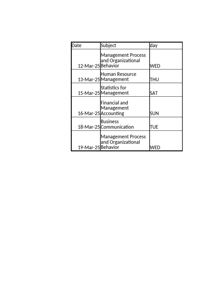 Time Table Semister 1 | PDF