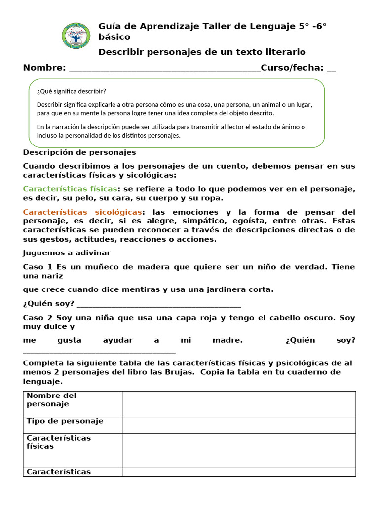 Guía de Aprendizaje Caracteristicas de Un Personaje | PDF