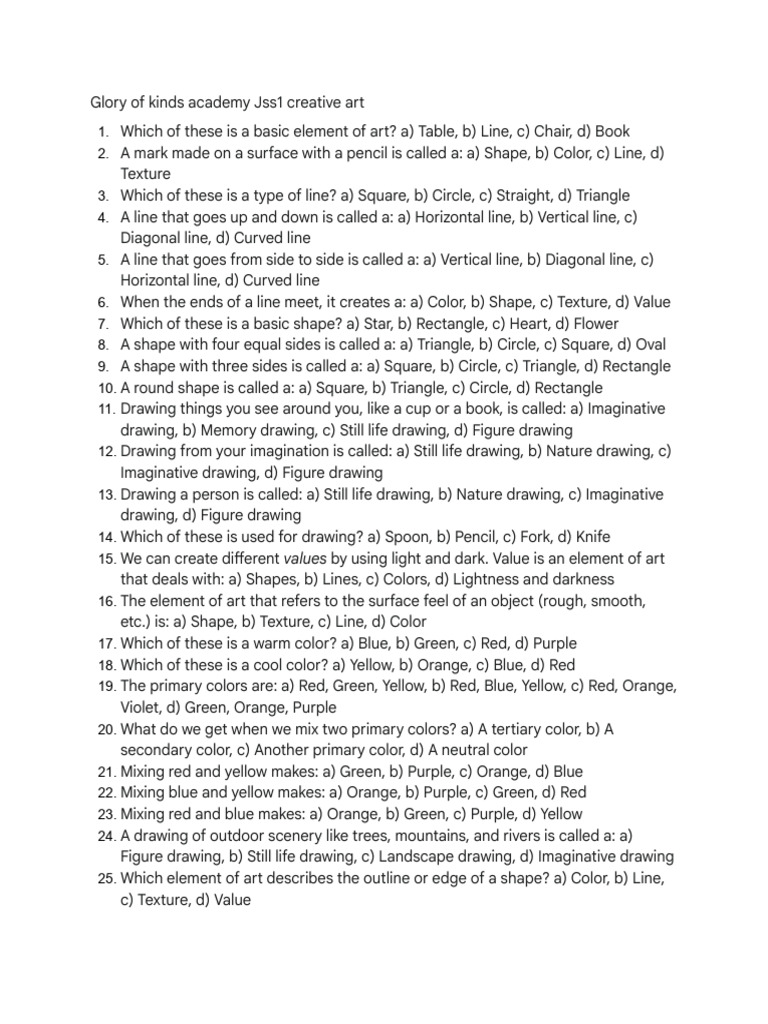 25 Simple Multiple Choice Questions For JSS1 Creative Arts | PDF ...