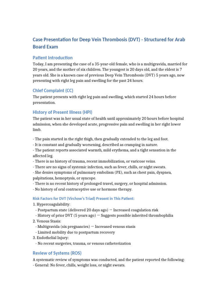 DVT Case Presentation: Postpartum Patient | PDF | Thrombosis | Medicine