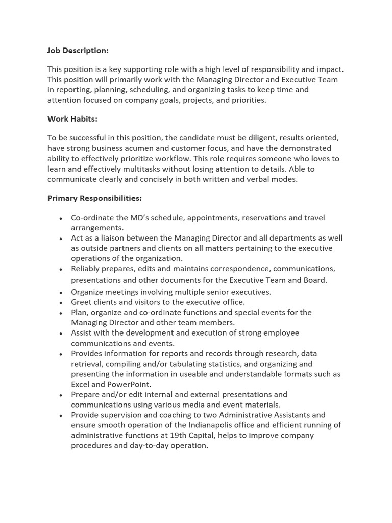 Executive Assistant - Job Description | PDF | Communication | Information