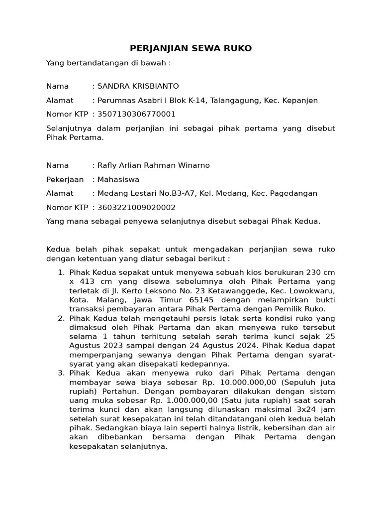 PERJANJIAN SEWA RUKO Jl. Kerto Leksono No. 23 | PDF