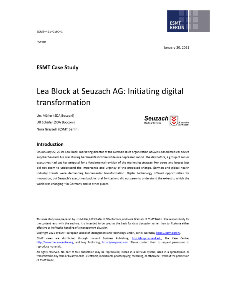 Lea Block at Seuzach AG: Initiating Digital Transformation: Esmt Case Study | PDF | Marketing ...