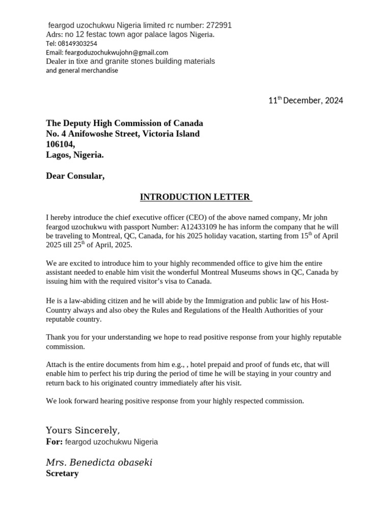 Introduction Letter for Visa Assistance | PDF