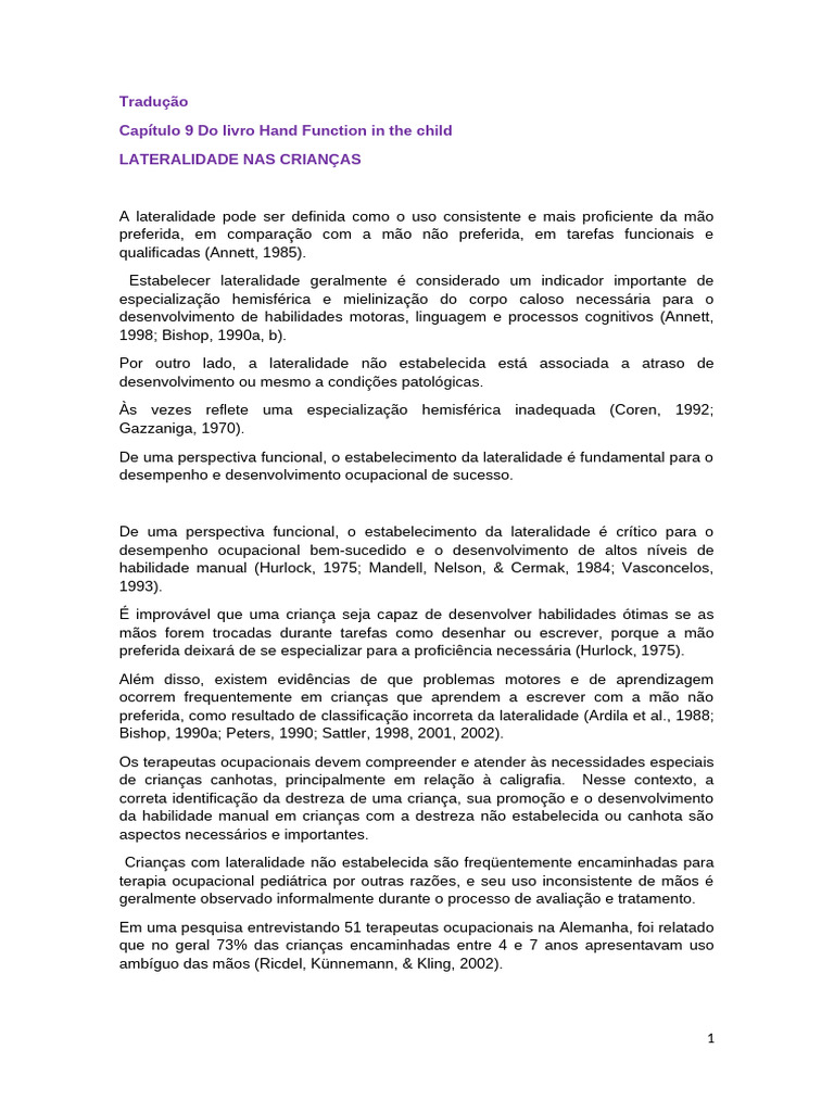 cap 9 Lateralidade, Handedness in children, cap. 9 | PDF | Lateralidade no uso das mãos ...