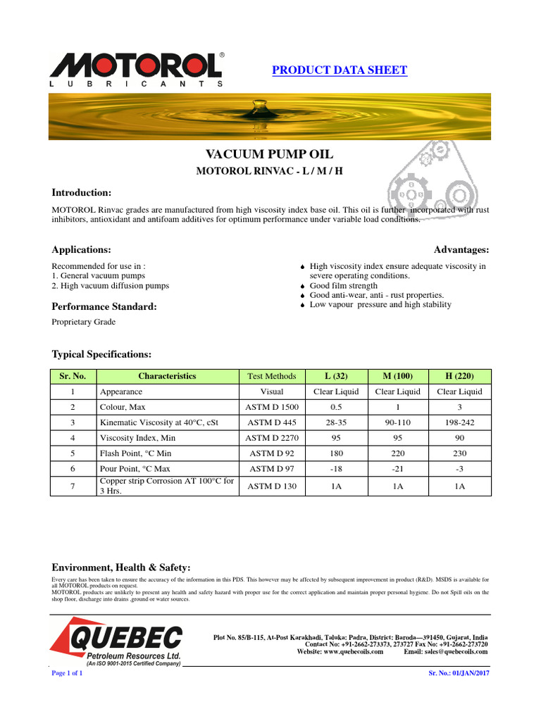 9 Vacuum Pump Oil Motorol Rinvac | PDF | Viscosity | Pump