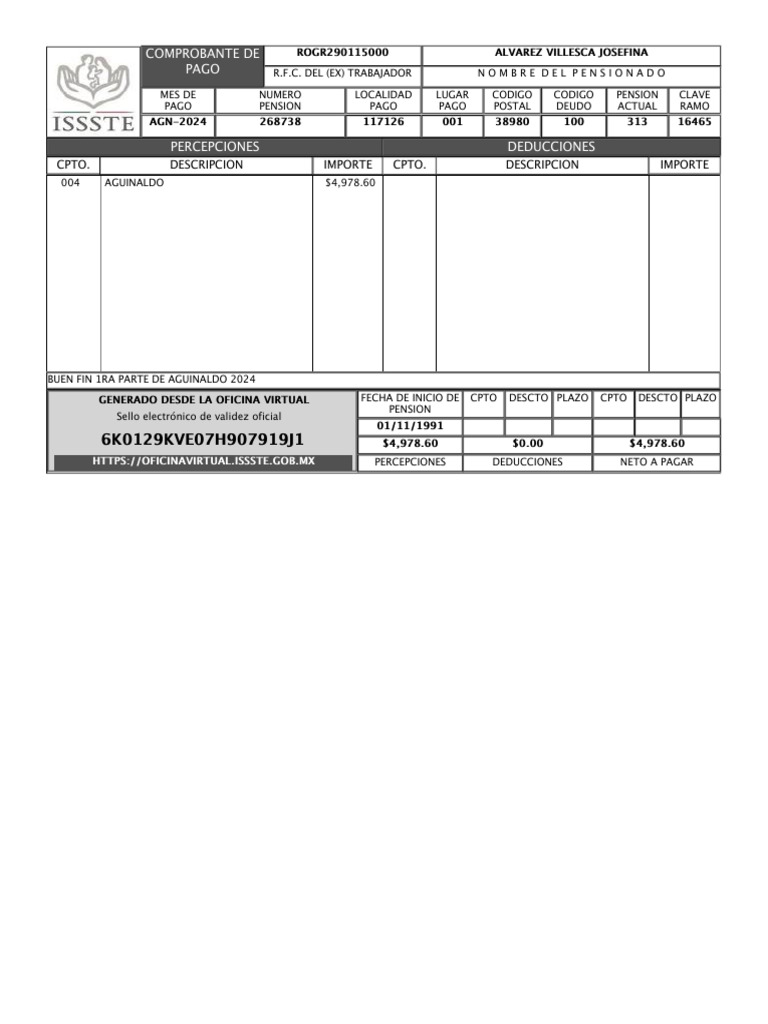 Código de Deudo y Comprobante ISSTE | PDF