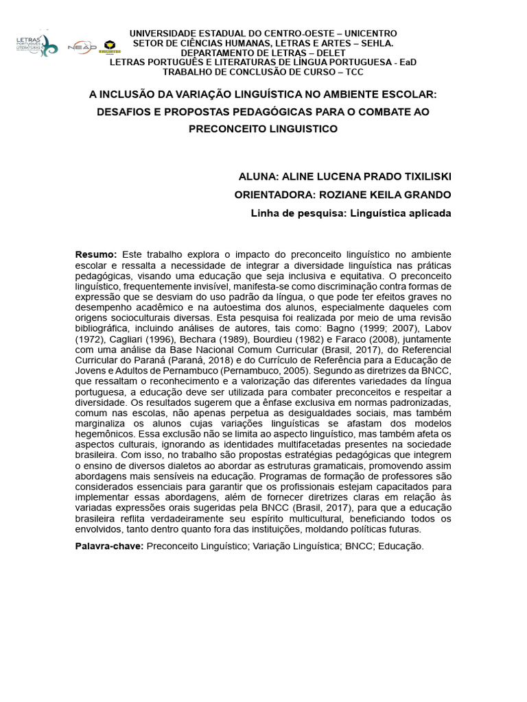 A Inclus o Da Varia o Lingu Stica No Ambiente Escolar | PDF | Pedagogia | Linguística