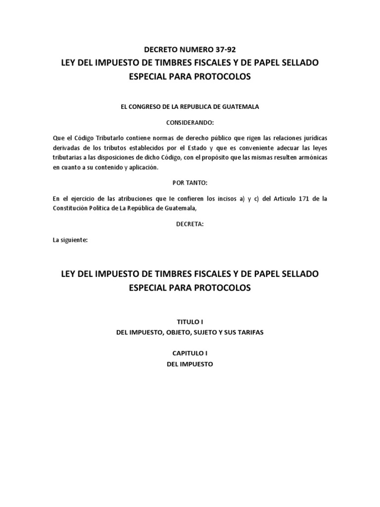 Ley Del Impuesto de Timbres Fiscales y de Papel Sellado Especial para Protocolos | PDF ...
