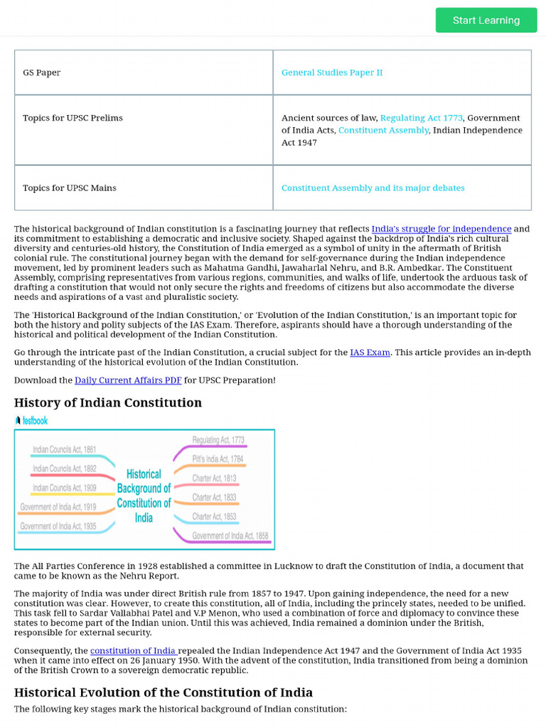Historical Background of Indian Constitution - Evolution & Key Facts | PDF