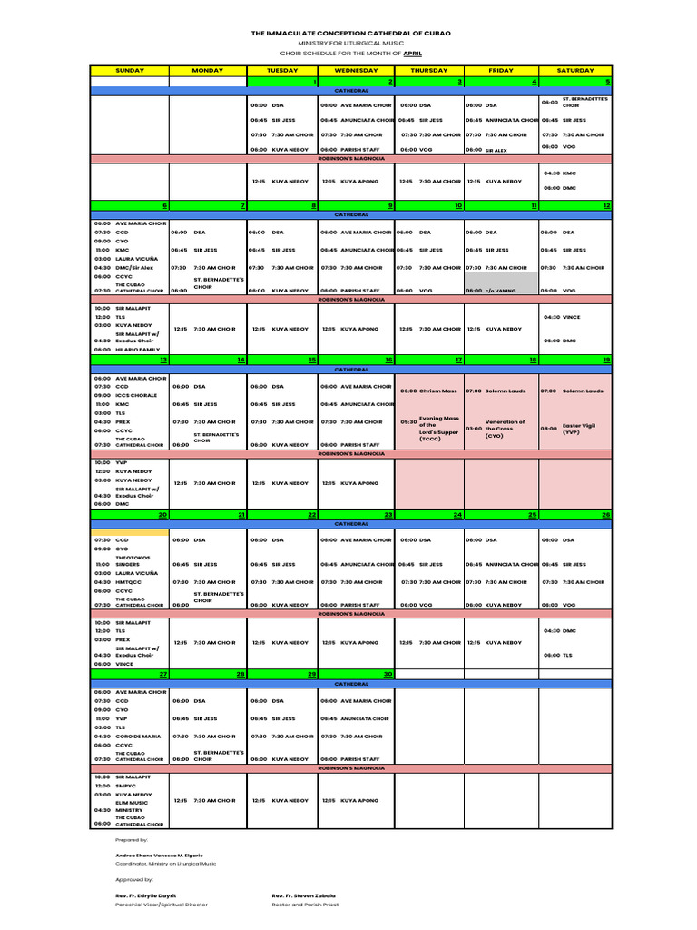 Music Ministry Choir Schedule - APRIL | PDF | Liturgical Calendar ...