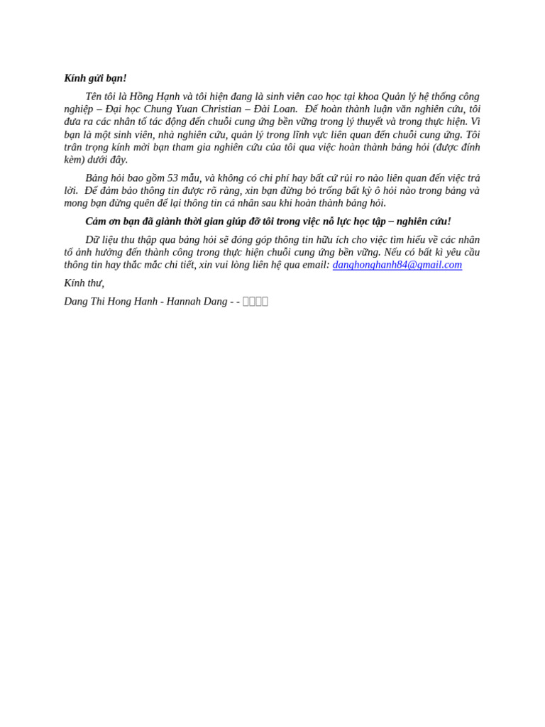 Questionnaire Cover Email - Viet | PDF