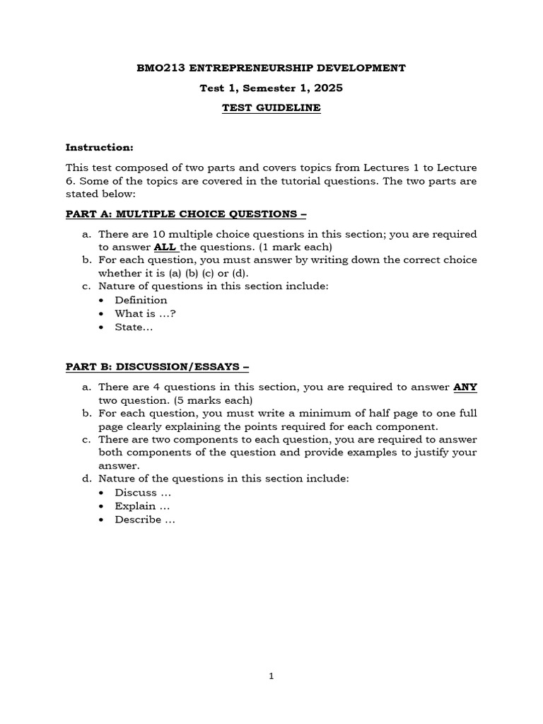 BMO213 Test 1 Guideline S1, 2025 | PDF