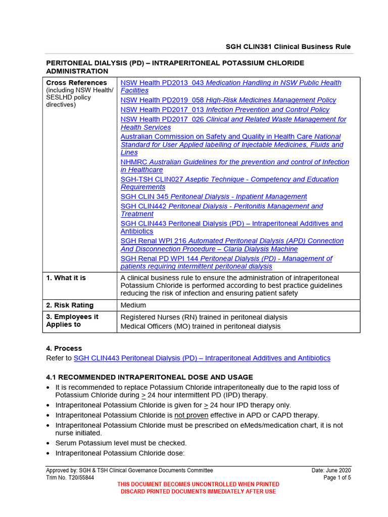 Peritoneal Dialysis Intraperitoneal Potassium CBR 2020 SGH Clin381 No ...