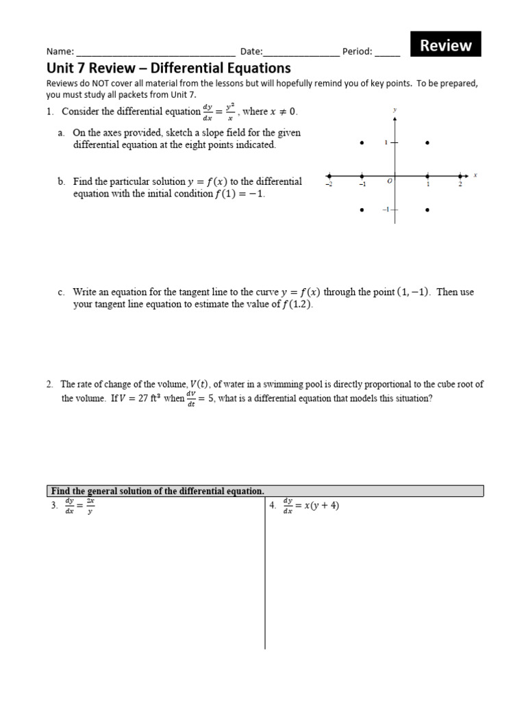 Unit 7 Differential Equations Review | PDF