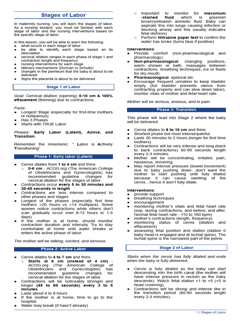 Stages of Labor - Study Guide | PDF | Childbirth | Maternal Health
