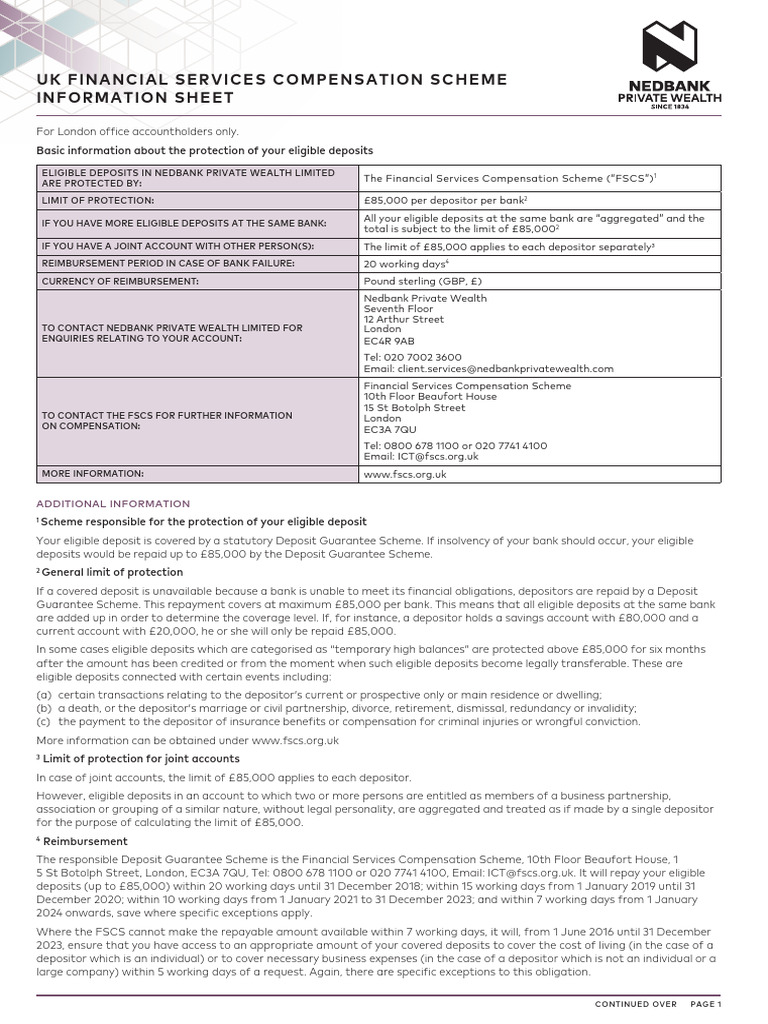 Uk Fscs NPW Information Sheet | PDF | Cost Of Living | Deposit Account