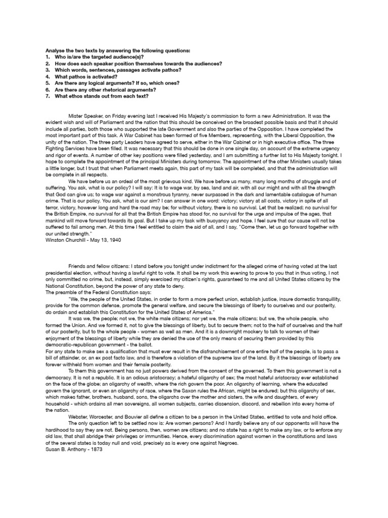 Rhetorical Analysis of Churchill and Anthony | PDF | Oligarchy | Justice