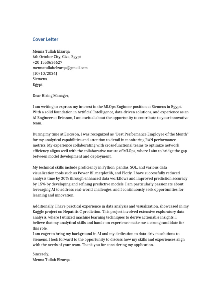 MLOps Engineer Cover Letter for Siemens | PDF