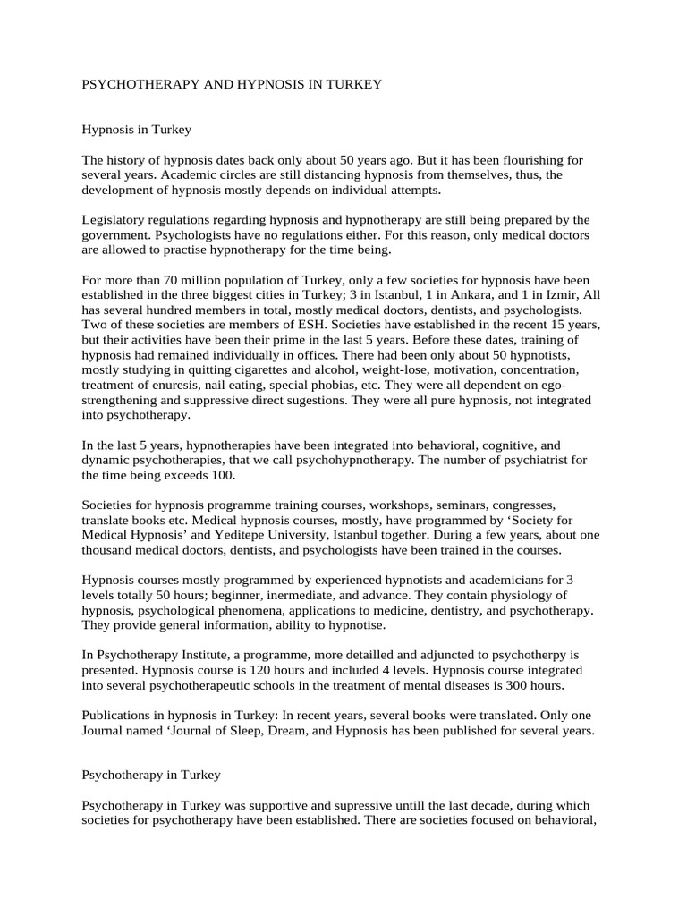 Psychotherapyand Hypnosisin Turkey | PDF | Psychotherapy | Hypnosis