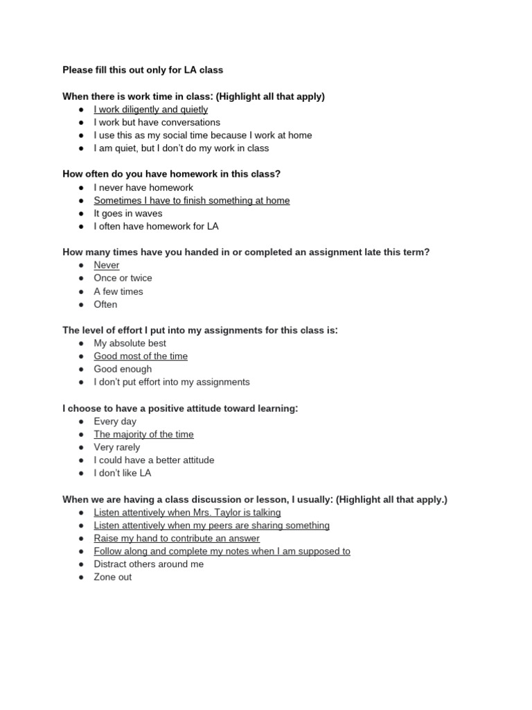 LA Class Student Reflection Survey | PDF