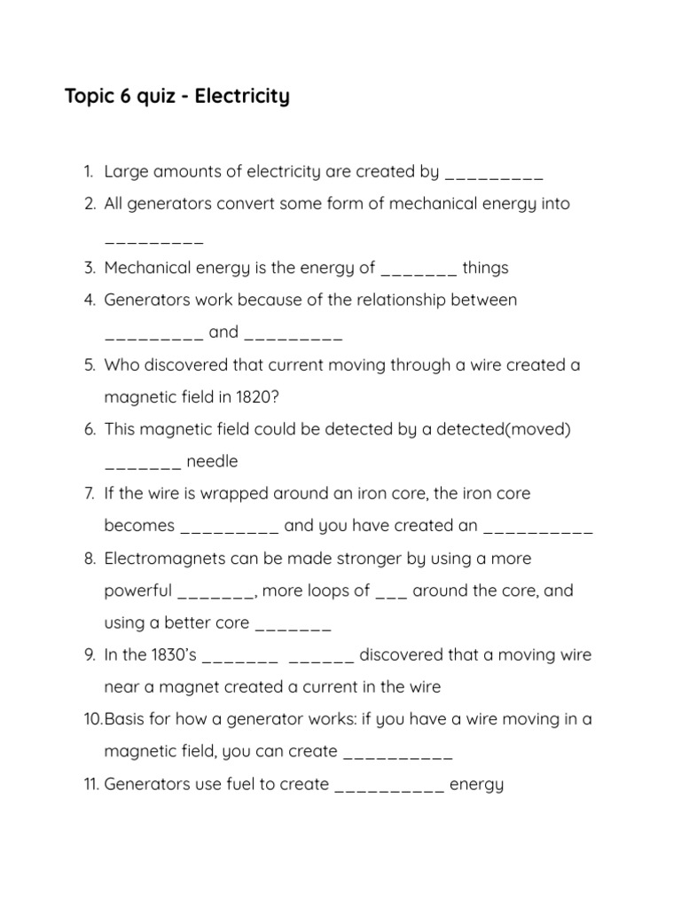 Topic 5 Quiz - Electricity | PDF | Electric Motor | Electric Generator