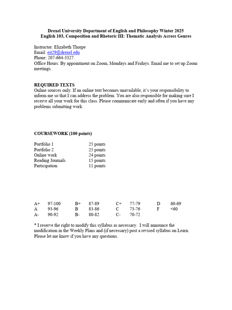 Drexel English 103: Composition Syllabus | PDF
