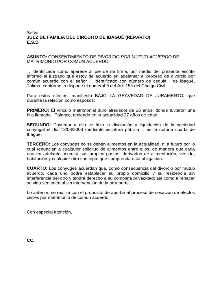 Consentimiento Divorcio Por Mutuo Acuerdo | PDF