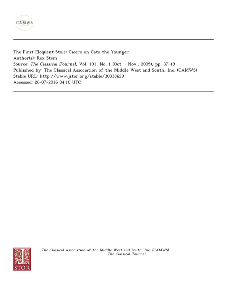 The First Eloquent Stoic Cicero On Cato The Younger | PDF | Rhetoric | Public Speaking