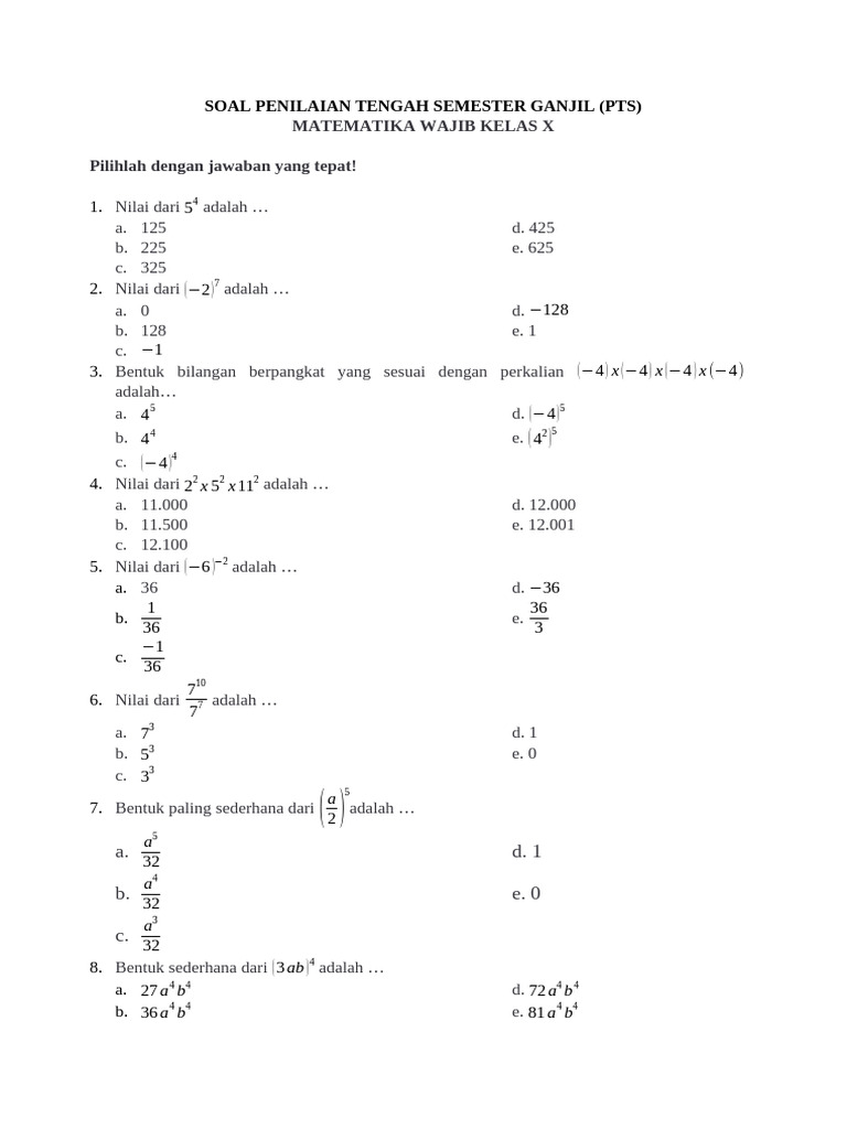 Soal PTS Matematika Wajib Kelas 10 Semester 1-1 | PDF