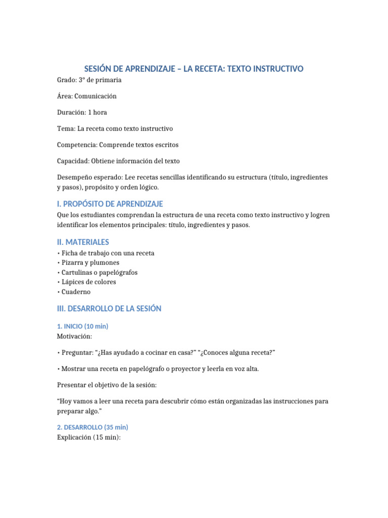 Sesión Receta Texto Instructivo 3ero | PDF