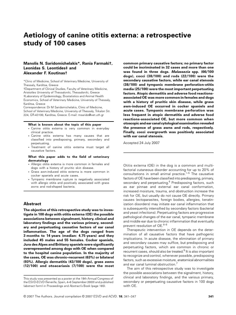 Saridomichelakis, 2007 - Aetiology of Canine Otitis Externa A Retrospective | PDF | Ear ...