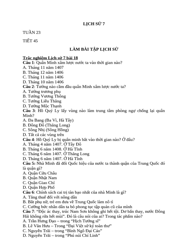 Bai Tap Lich Su 7 Tuan 23 GV Ninh - 192202183037 | PDF