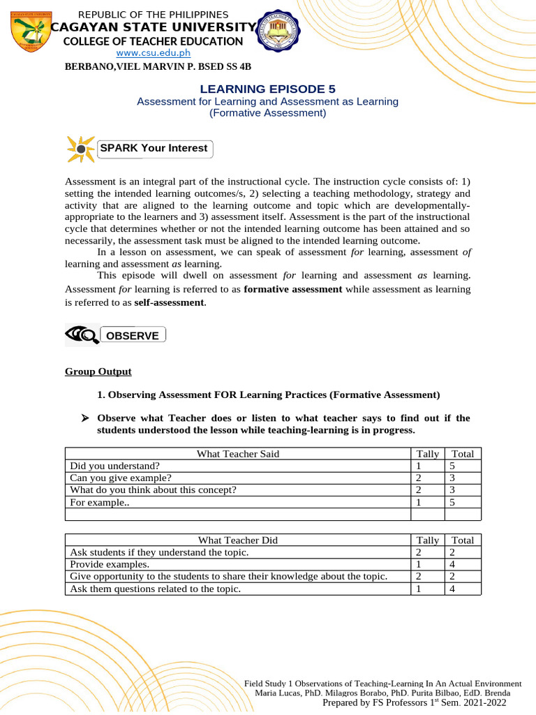 Fs-1-Ep-5-Berbano, Viel Marvin P. | PDF | Educational Assessment | Learning