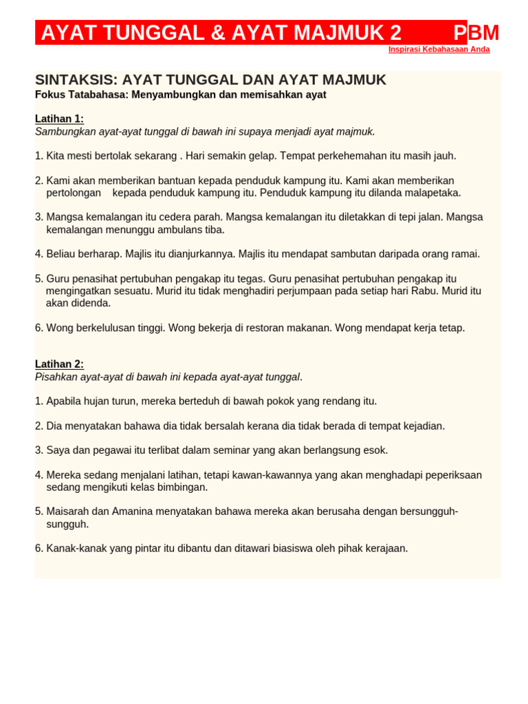 Sintaksis - Ayat Tunggal & Ayat Majmuk 2 | PDF