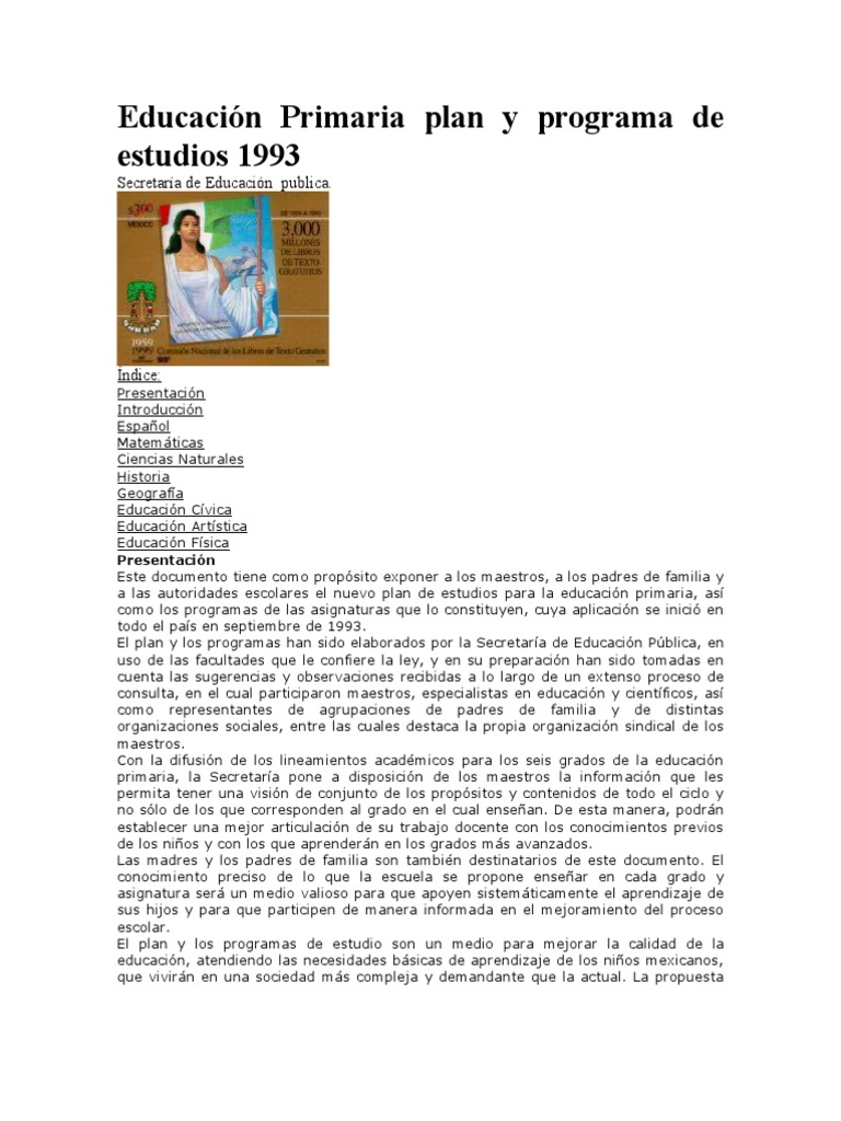 Educación Primaria Plan y Programa de Estudios 1993 | PDF | Educación ...