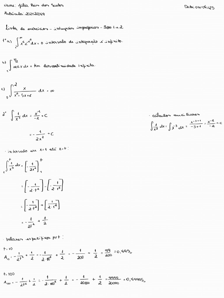 Lista de Exercícios Integrais Impróprias 1 e 2 - 250409 - 100430 ...