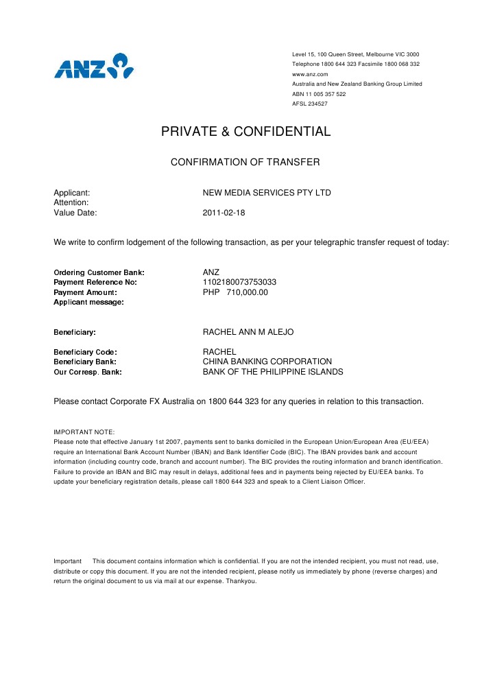 ANZ Transfer Confirmation Details | PDF