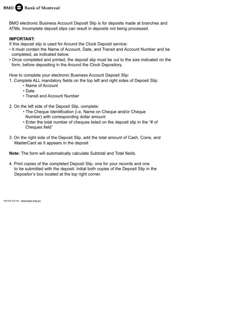 BMO Business Account Deposit Slip Guide | PDF | Cheque | Service Industries