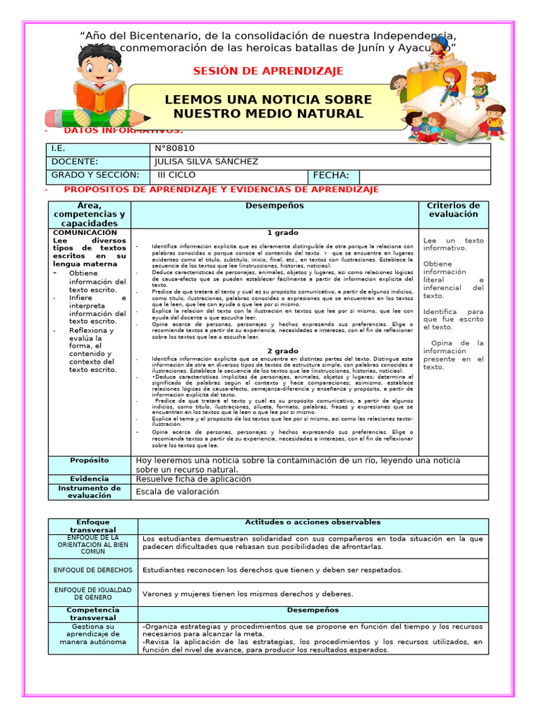 U7 S1 Sesion D1 Com Leemos Una Noticia Sobre Nuestro Medio Natural | PDF | Información | Aprendizaje