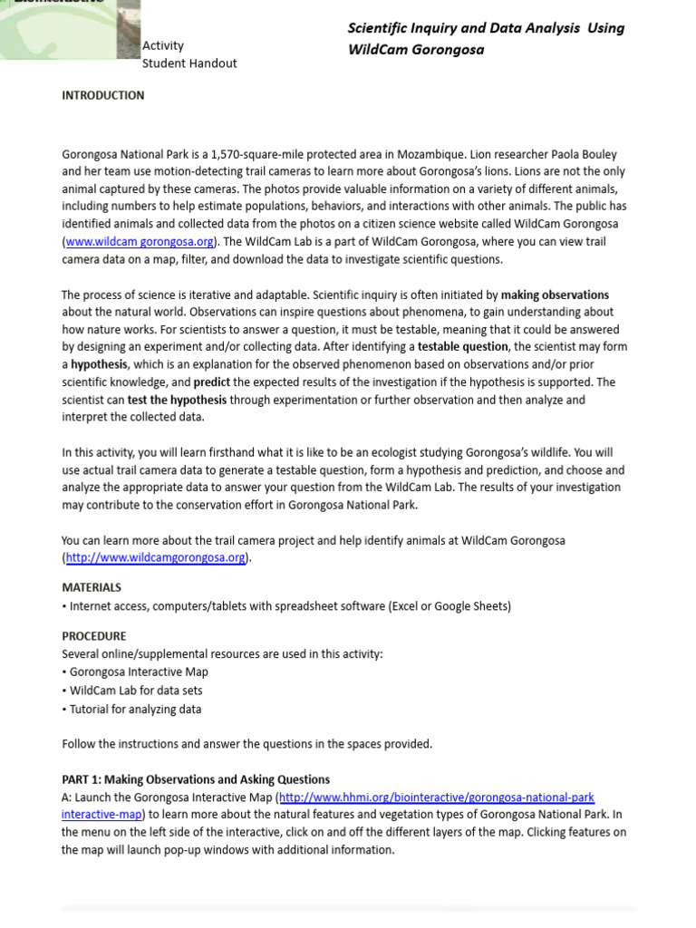 GorongosaInquiryDataAnalysis StudentHO Act | PDF | Scientific Method | Data Analysis