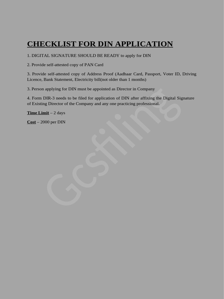 DIN Application Checklist | PDF