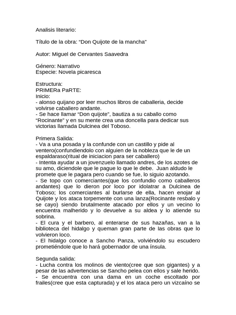 Análisis literario de Don Quijote | PDF | Don Quijote | Novelas españolas