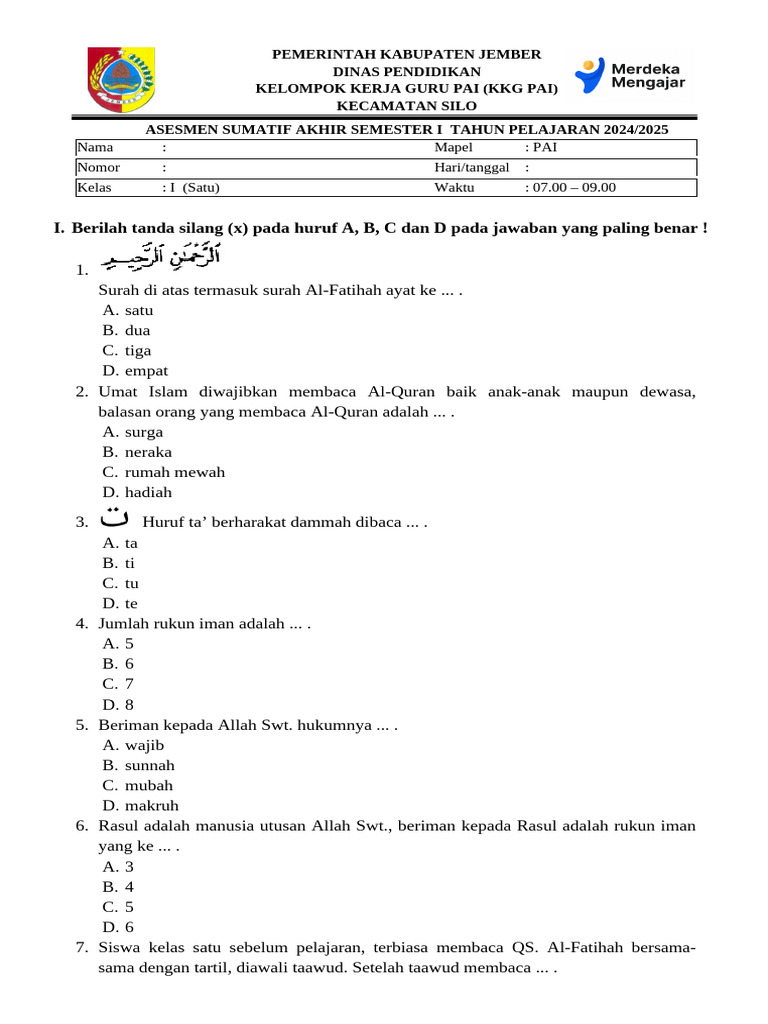 Naskah Soal Pas Pai Kelas 1 | PDF