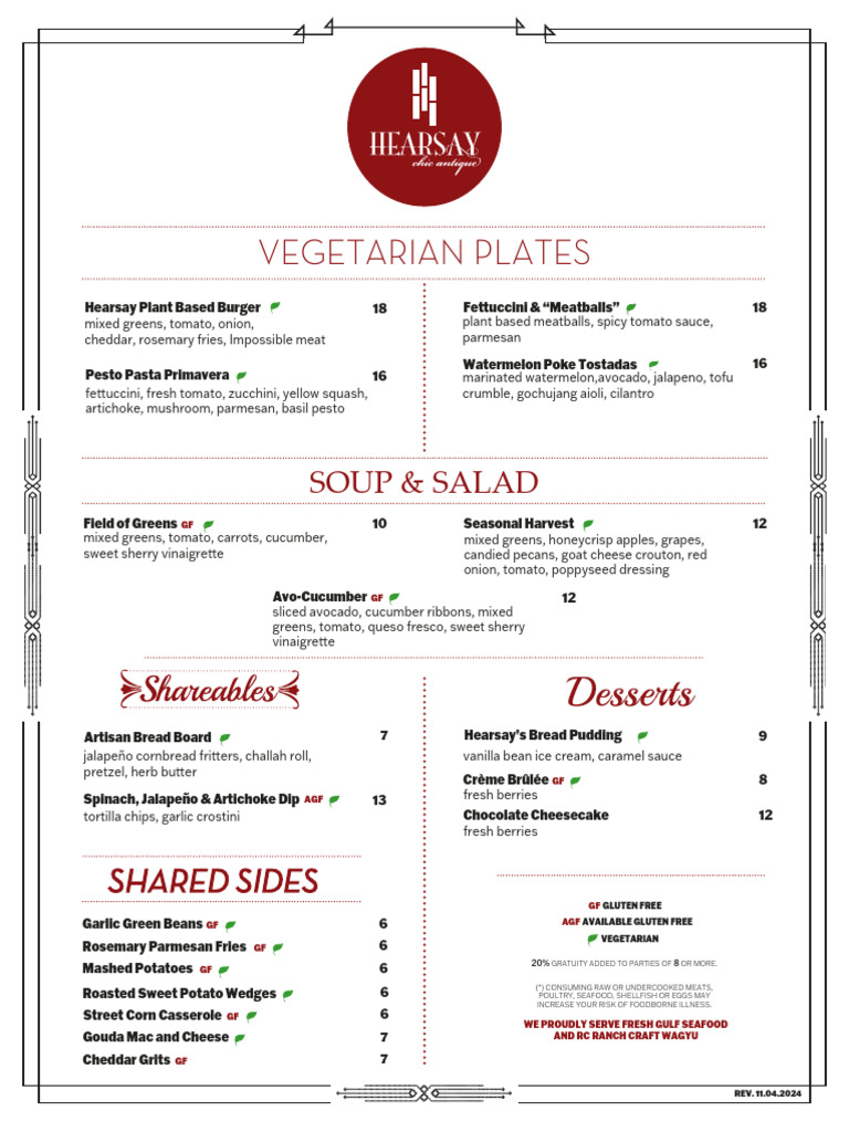 Hearsay Restaurant Vegetarian Menu | PDF | Pesto | Salad
